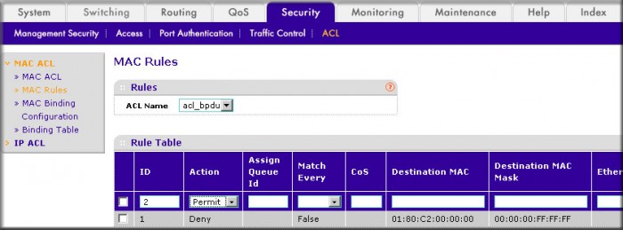 How do I set up a MAC Access Control List (ACL) with two rules using the web interface on my ...